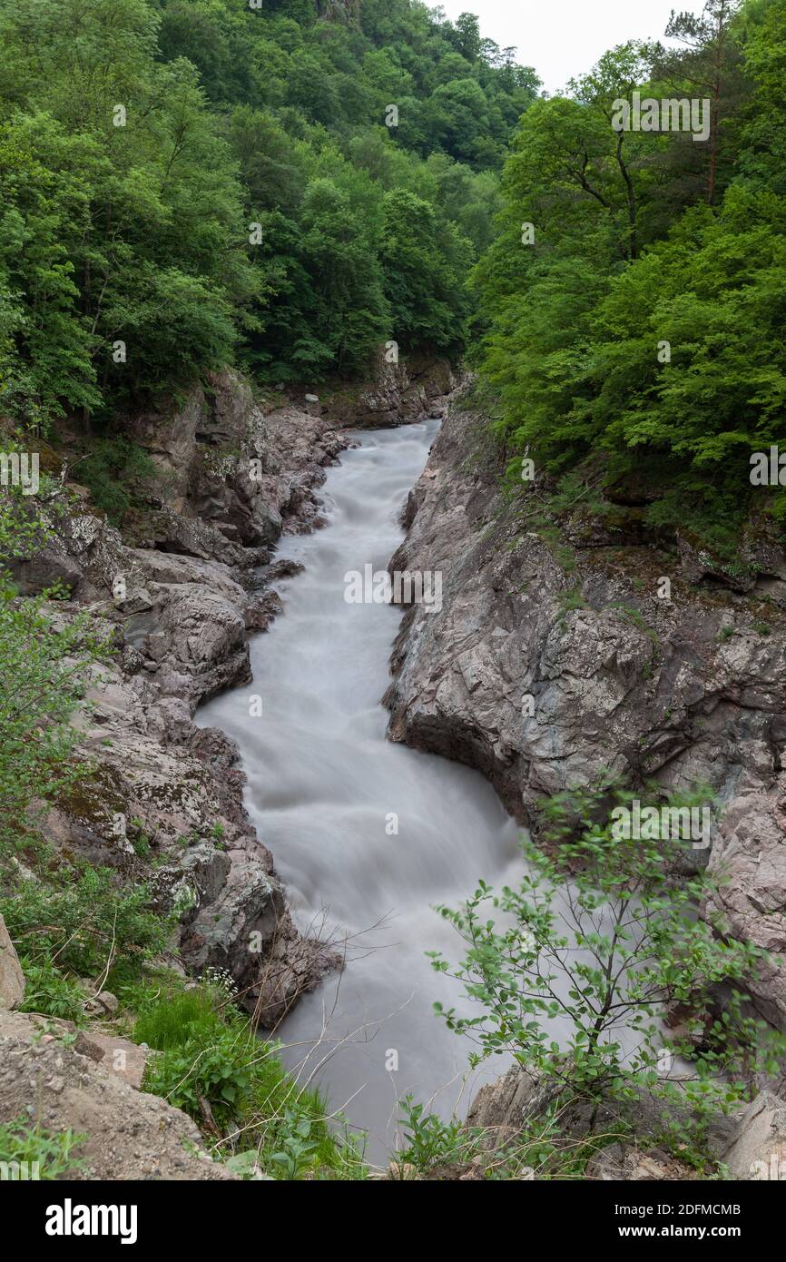 White River in the granite gorge, Republic of Adygea, pollution ...