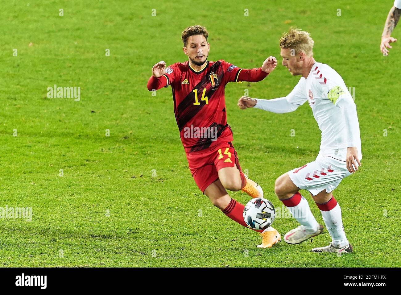 Dries Mertens of Belgium and Simon Kjaer of Denmark during the UEFA ...