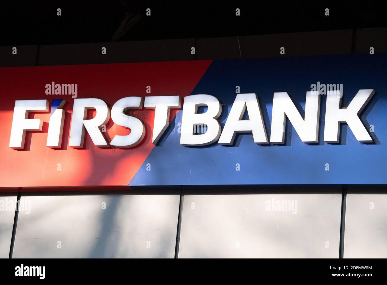 A shop sign of FIRST BANK, on November 22, 2020 in Bucharest, Roumania ...