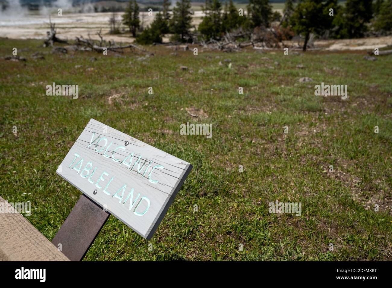 Sign for Volcanic Tableland, a hot spring in Yellowstone National Park ...