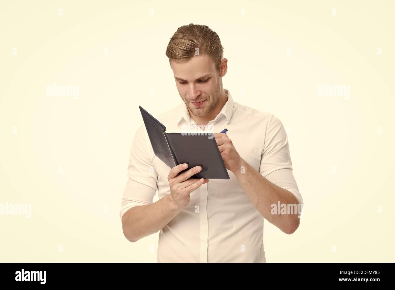 Writing master. University student do writing task isolated on white ...