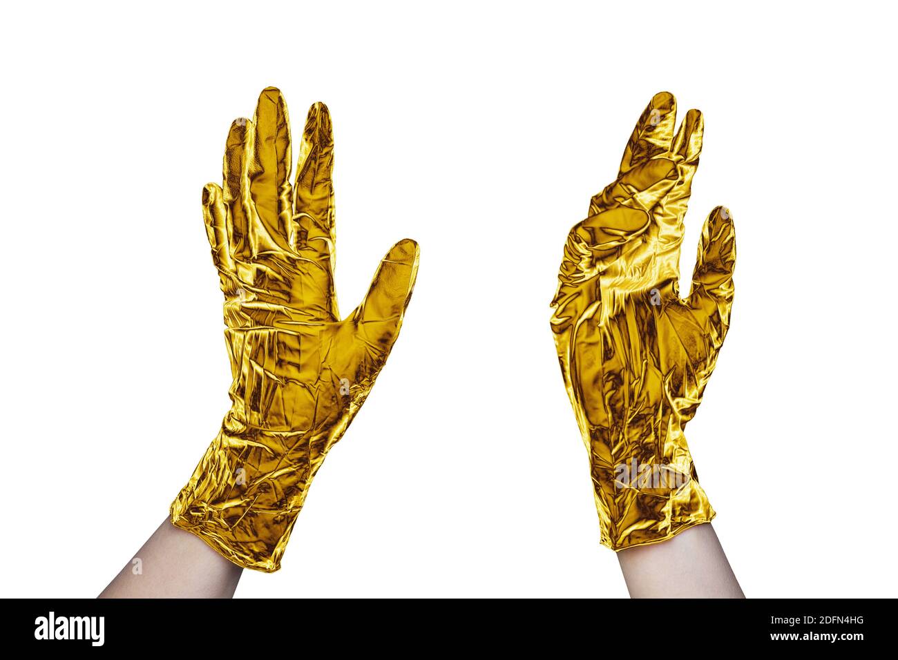 Two human hands in golden rubber medical gloves white background ...