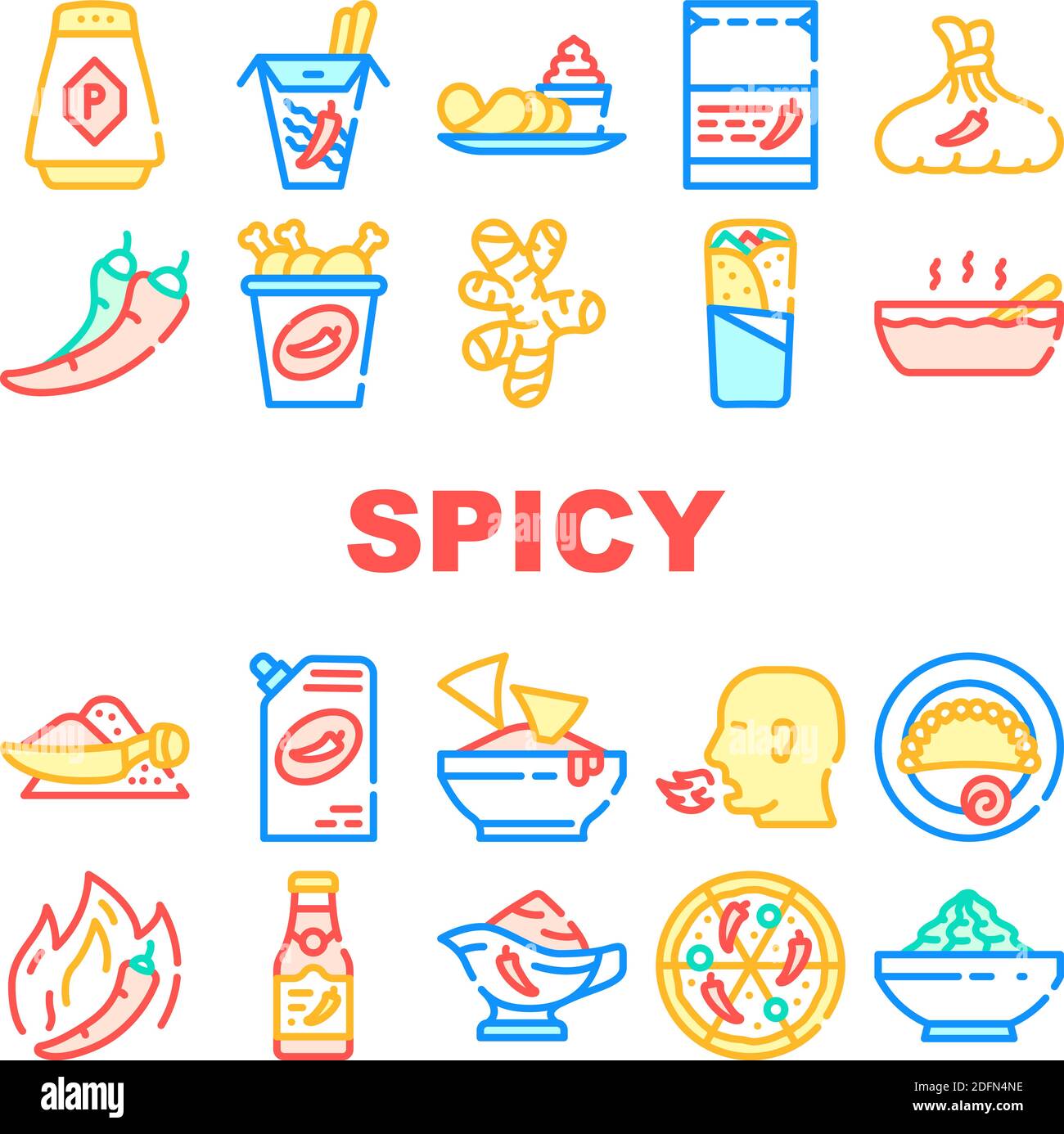 Spicy Dish Flavor Food Collection Icons Set Vector Stock Vector Image ...