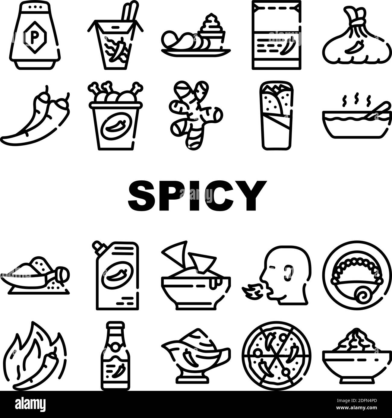 Spicy Dish Flavor Food Collection Icons Set Vector Stock Vector Image ...
