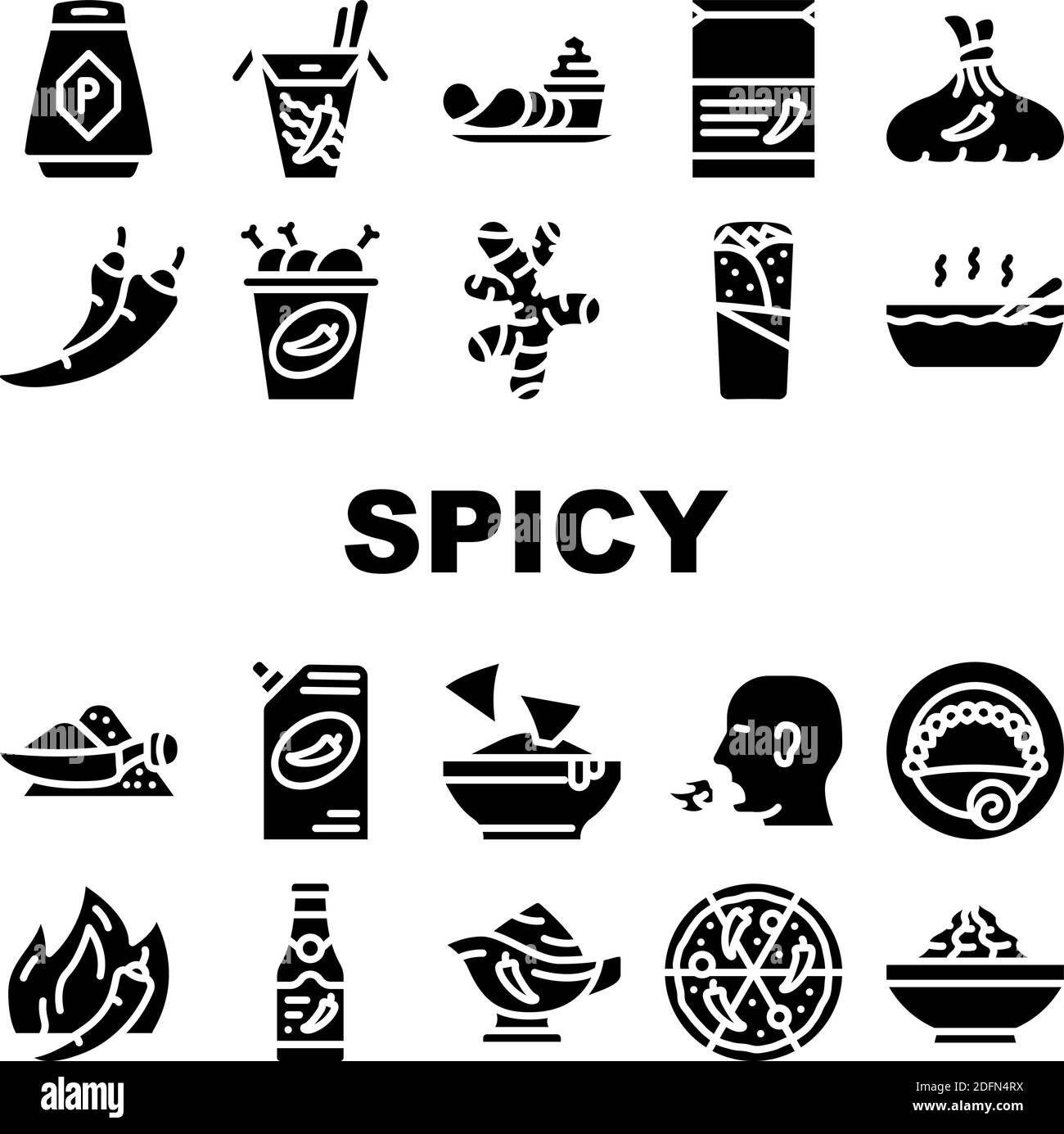 Spicy Dish Flavor Food Collection Icons Set Vector Stock Vector Image ...