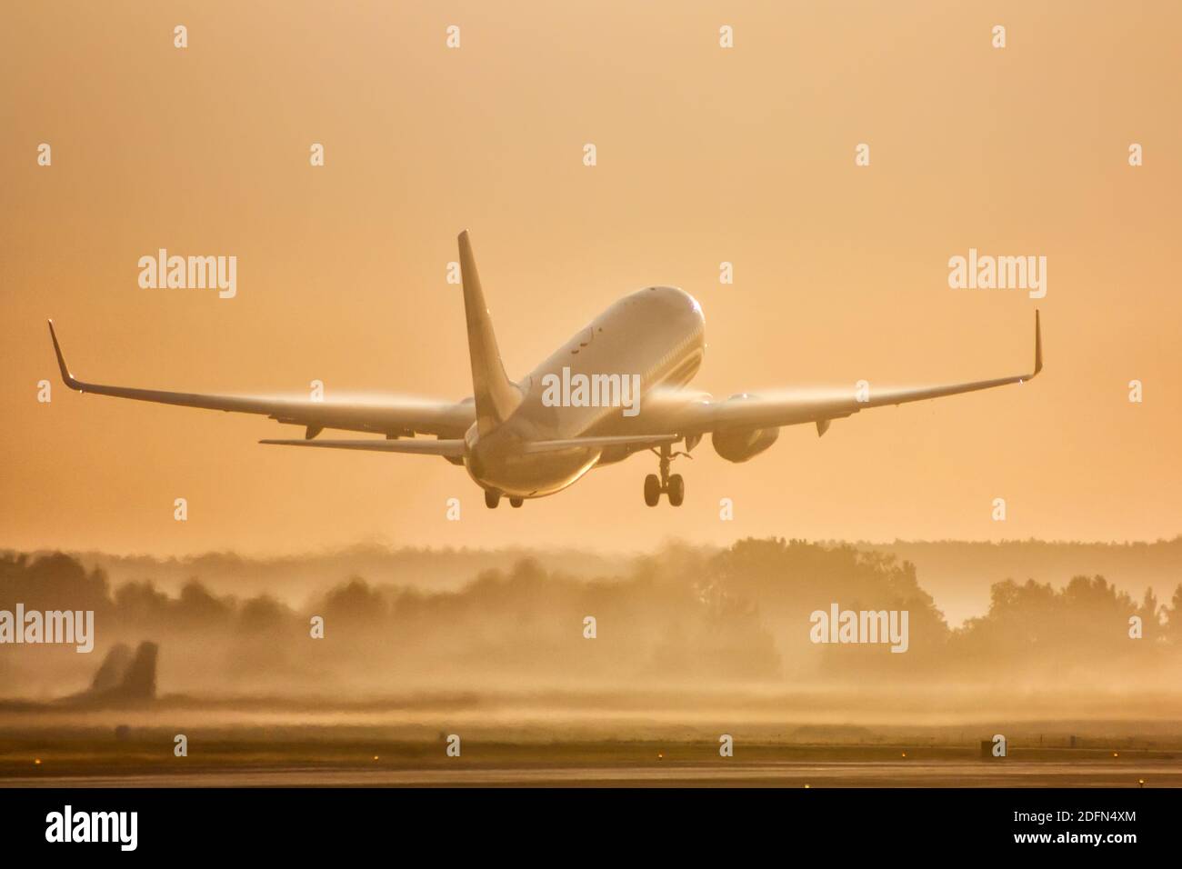 Passenger airplane take off in morning fog Stock Photo - Alamy