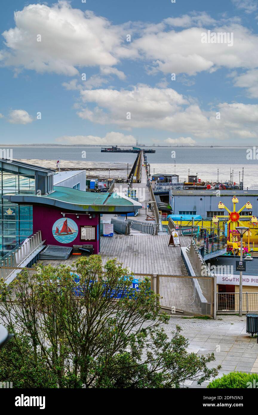 Southend on sea pier entrance, with a part of Adventure Island pleasure ...