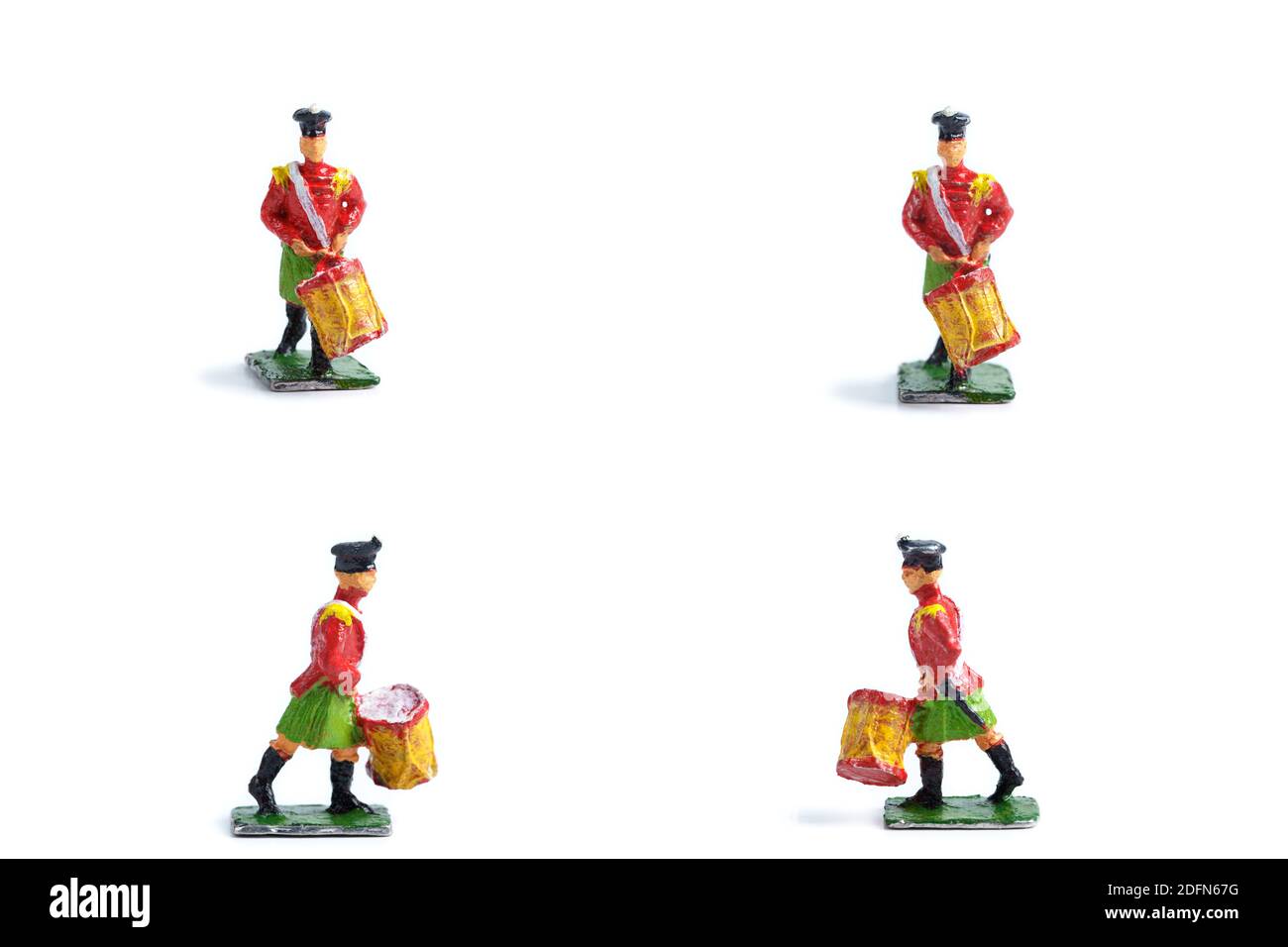 4 in 1 image of handmade tin soldiers with drum on the white background ...