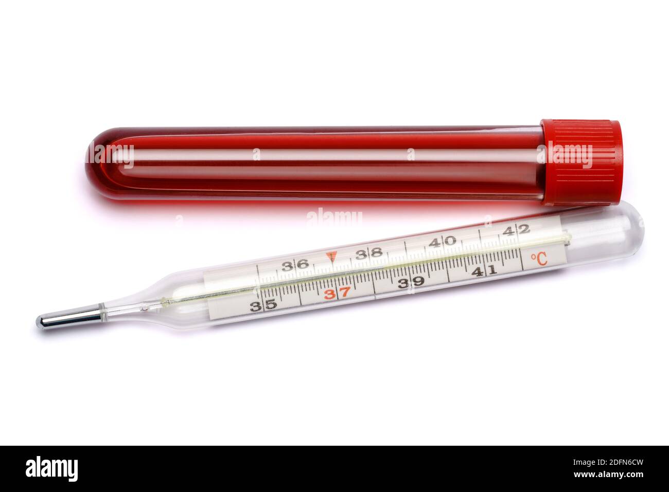 Blood test tube and thermometer isolated on white background Stock ...