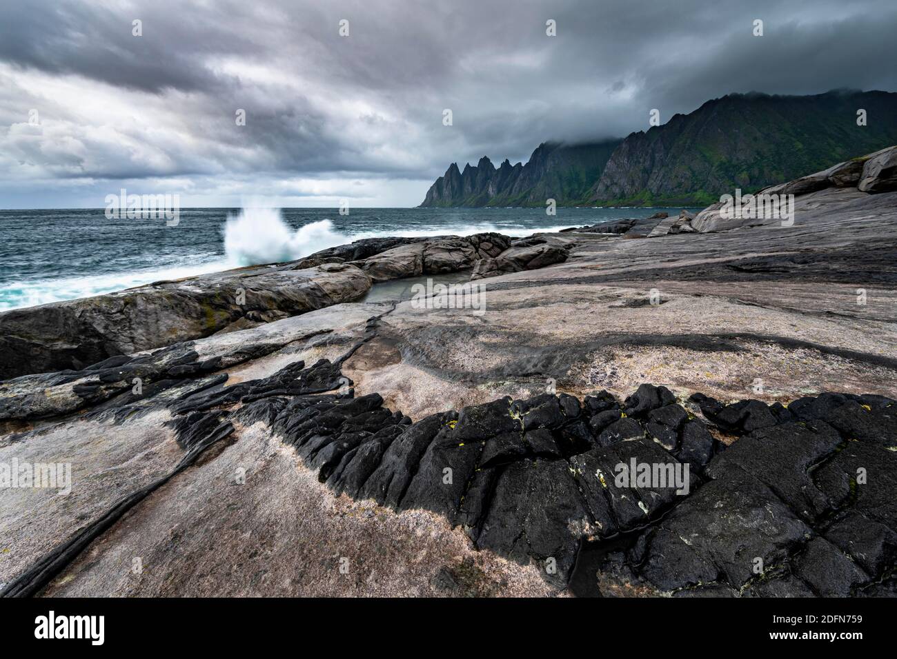 Rocky coast of Tungeneset, rocky peak Devils Teeth, Devil's Teeth ...