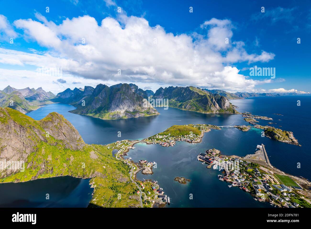 View from the mountain Reinebringen to fishing village Reine, fjord ...