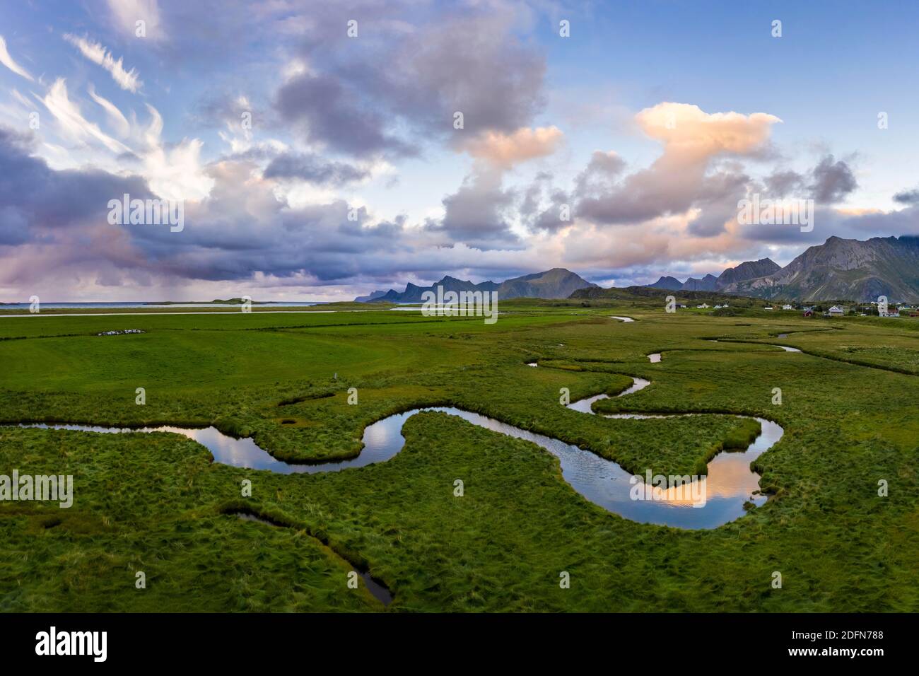 Curving river with mountains near Fredvang, Lofoten, Norway Stock Photo ...