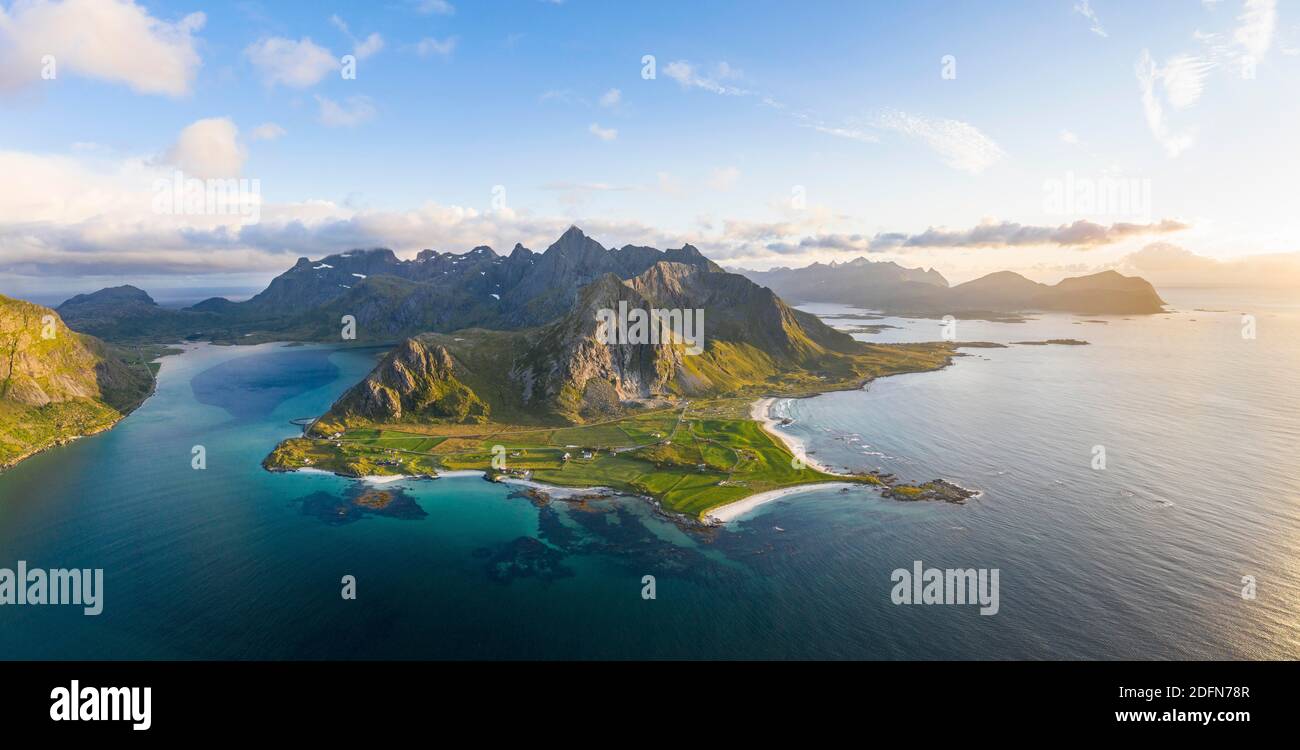View of Flakstad and the beach of Skagsanden, mountains and fjord ...