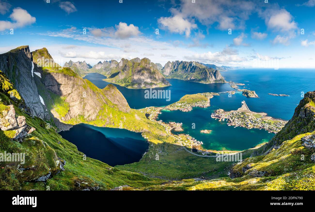 View from the mountain Reinebringen to fishing village Reine, fjord ...
