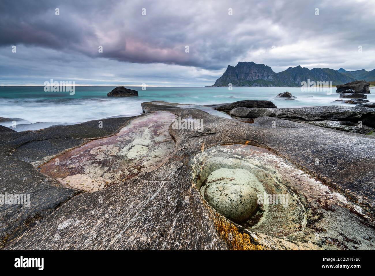 Rocks on the beach of Uttakleiv, Vestvagoy, Lofoten, Norway Stock Photo ...
