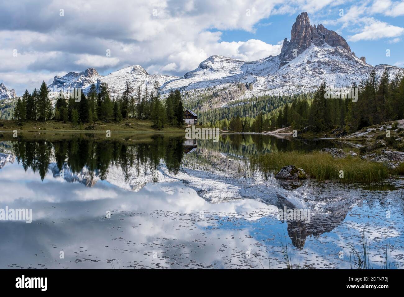Monte Pelmo reflected in the mountain lake Lago Federa, Dolomites ...