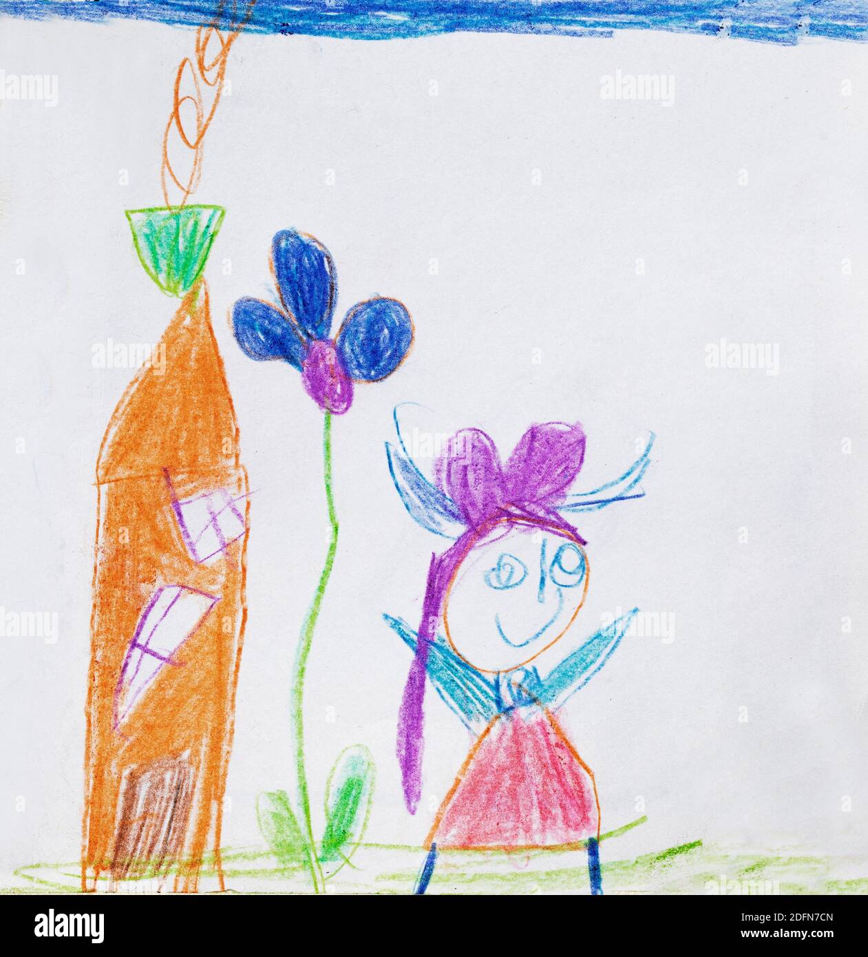 Naive illustration, children's drawing, girl standing in the garden in ...