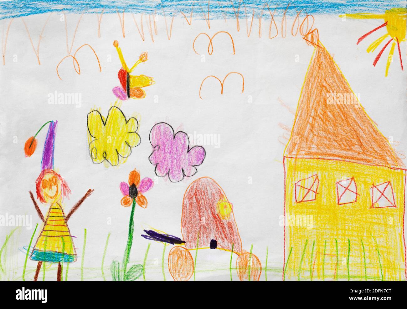 Naive illustration, children's drawing, girl standing in the garden ...