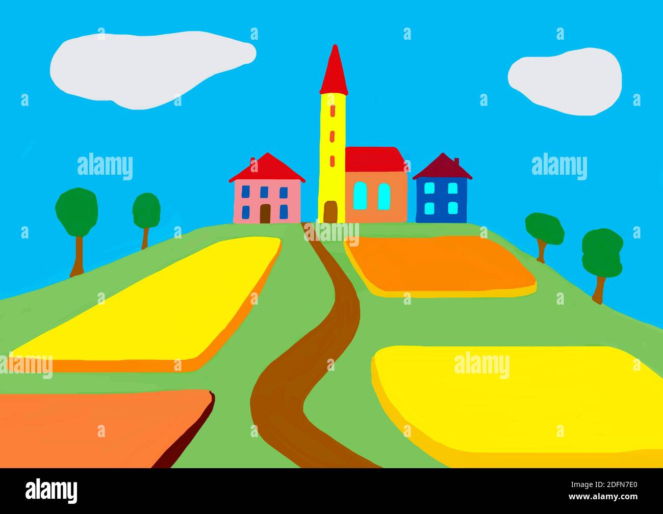 Naive illustration, children's drawing, grain fields in front of a ...