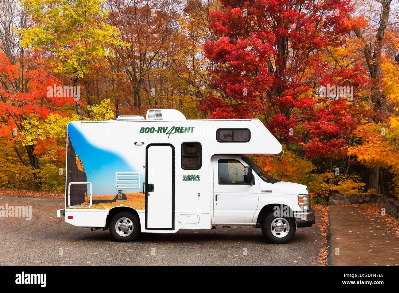 Motorhome in front of autumnally discoloured trees, White Mountains ...