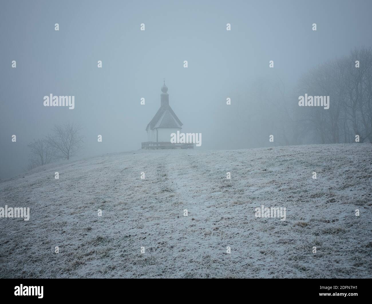 Chapel, first snow, fog, Stadlbergalm, Miesbach, Upper Bavaria, Bavaria ...