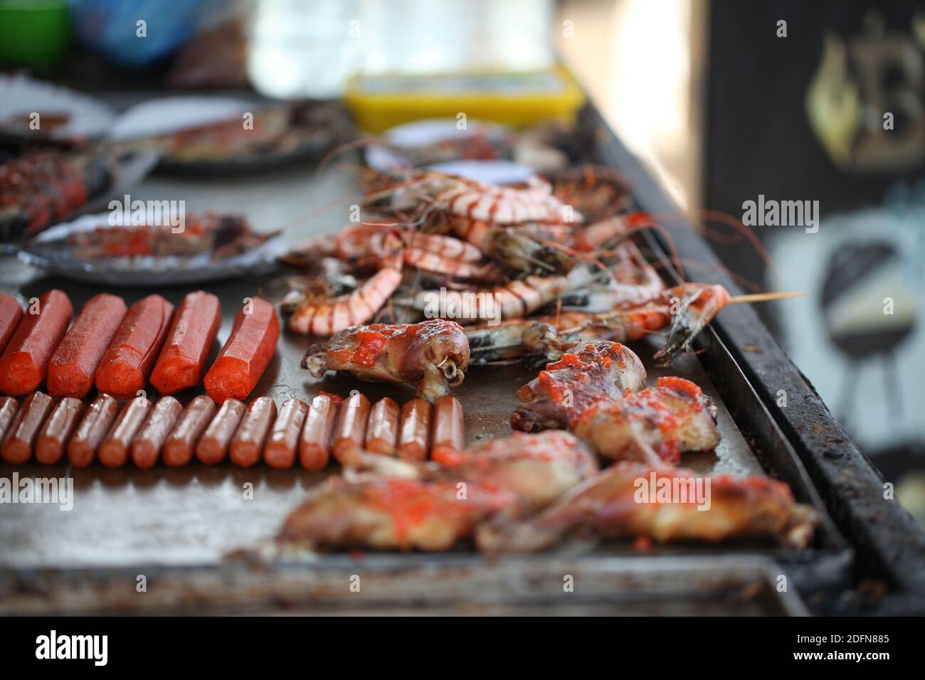 fresh fish and seafood grilled on a street cafe close-up Stock Photo ...