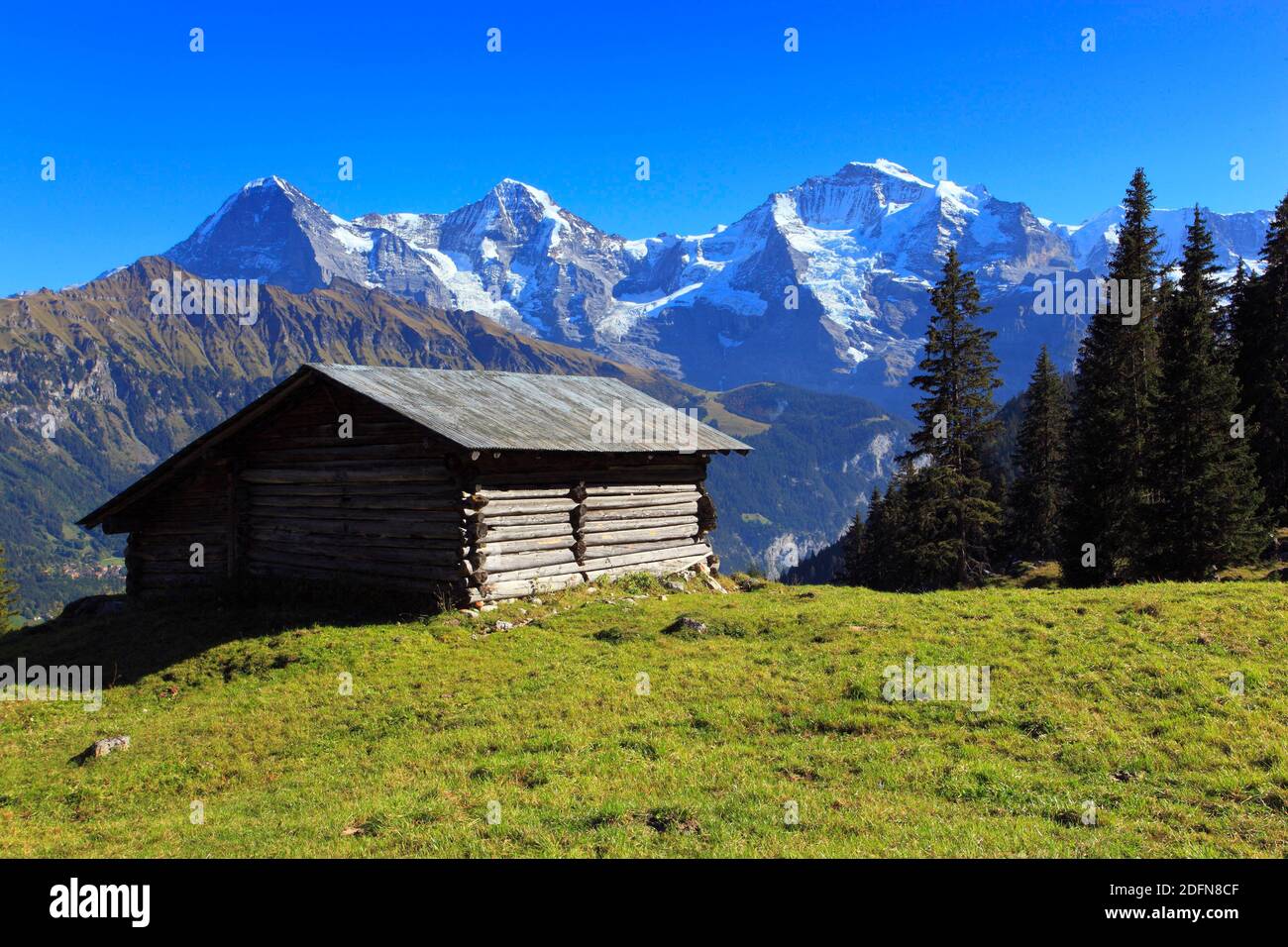 Lauterbrunnen Valley, Eiger, 3970 m, Moench, 4107 m, and Jungfrau, 4158 ...