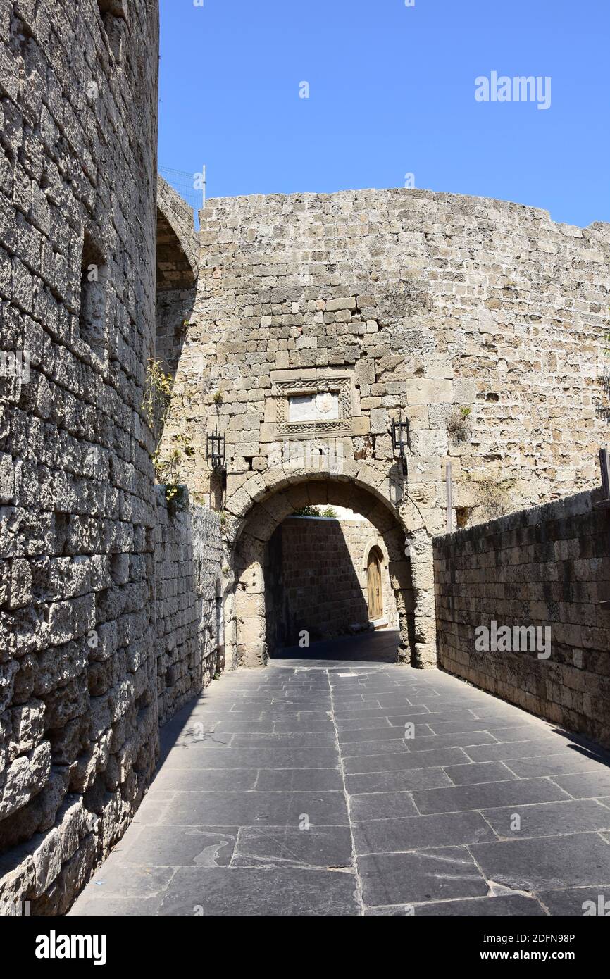A view of the ancient walls of the old town of Rhodes on the Greek ...