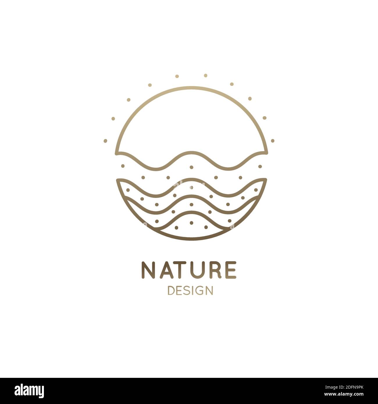 Vector simple logo of nature. Linear round icon of landscape with sea ...
