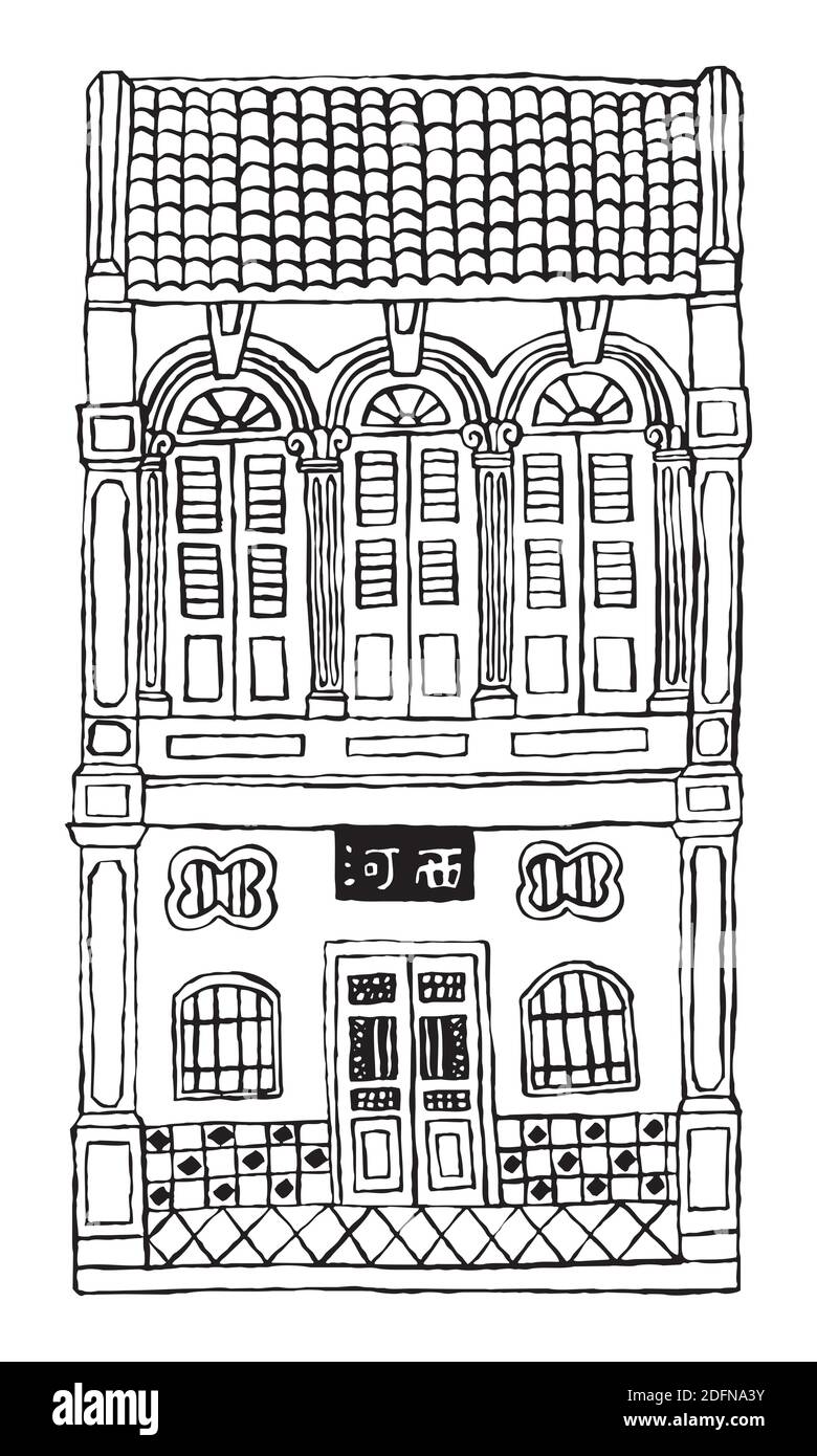 Hand drawn line's double story colonial style shop house. Black outline ...