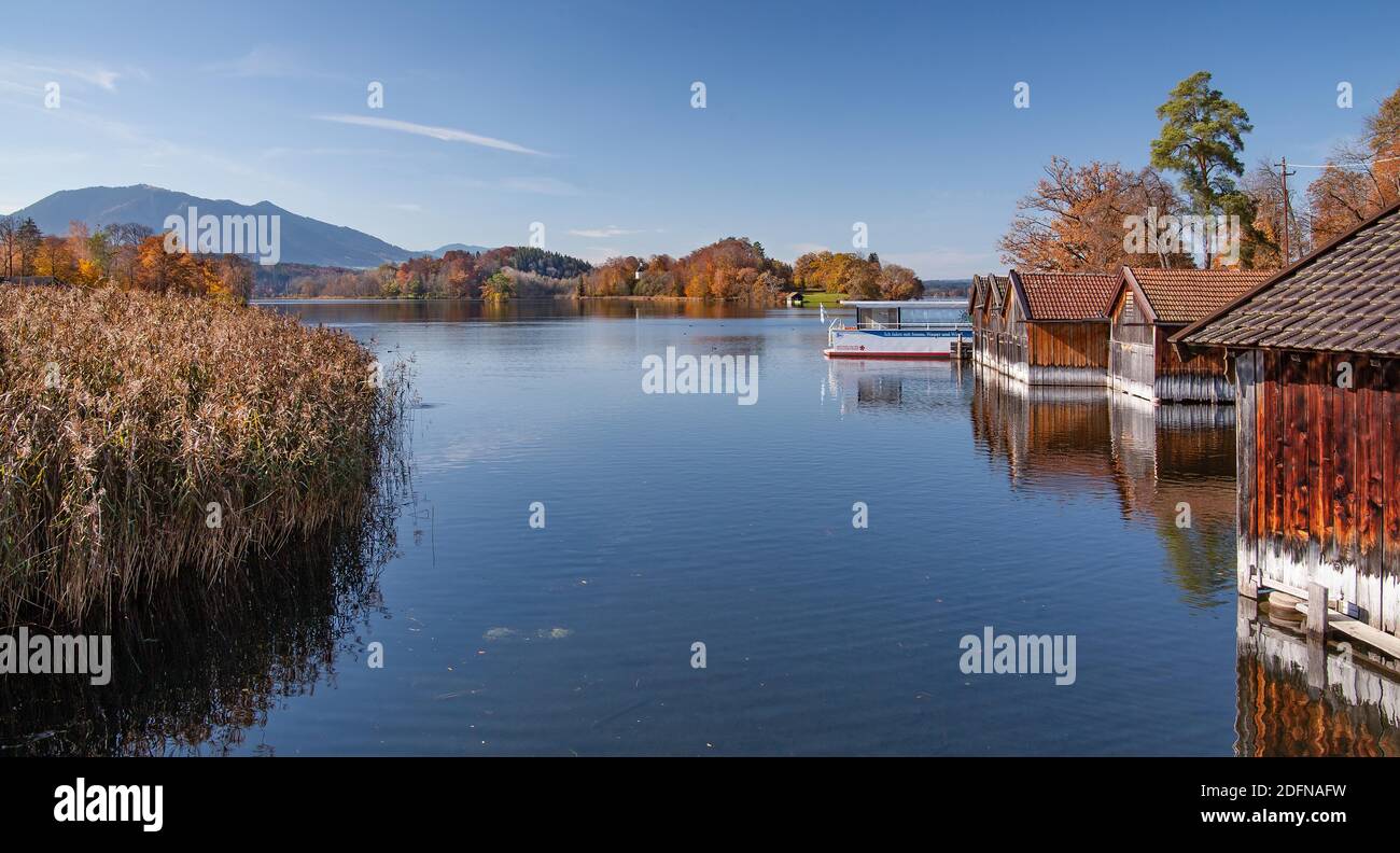 Staffelsee with boathouses and Hoernle, Seehausen am Staffelsee, Das ...