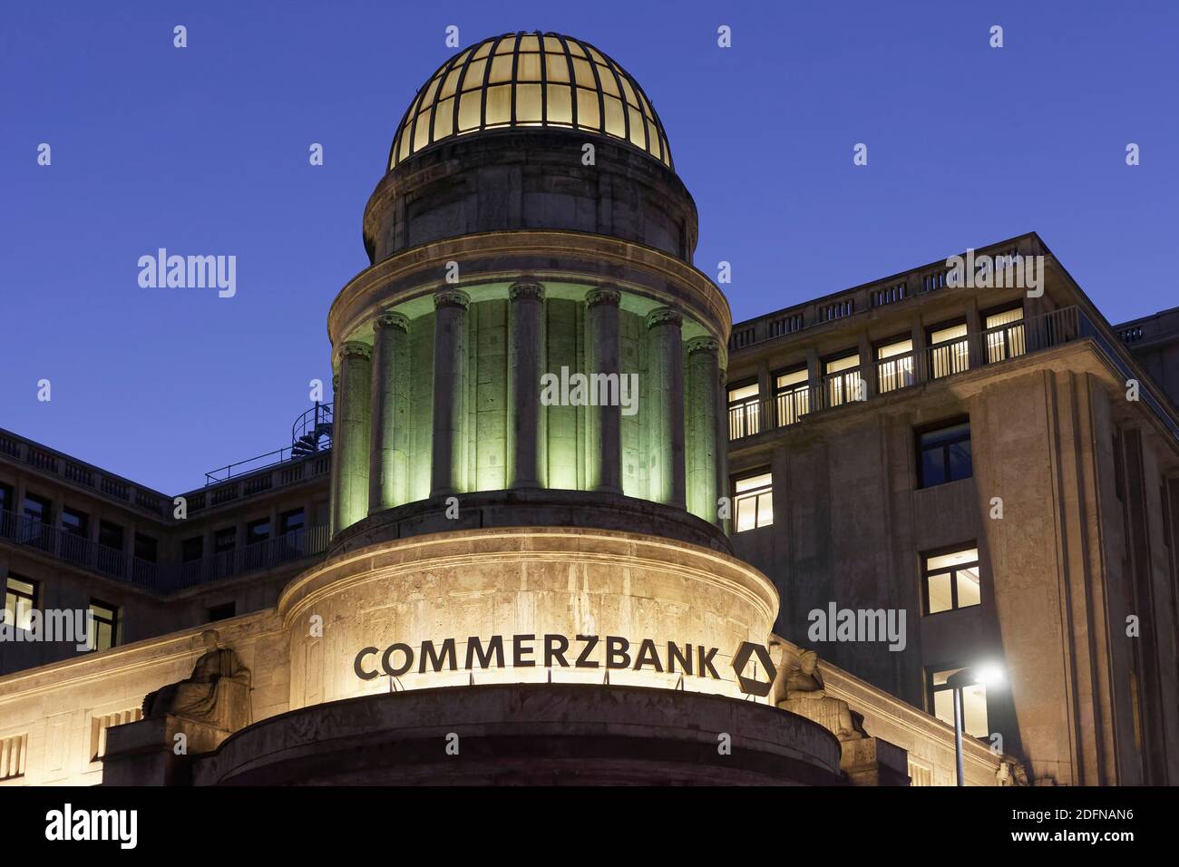 Commerzbank, illuminated lettering on the historic building on ...