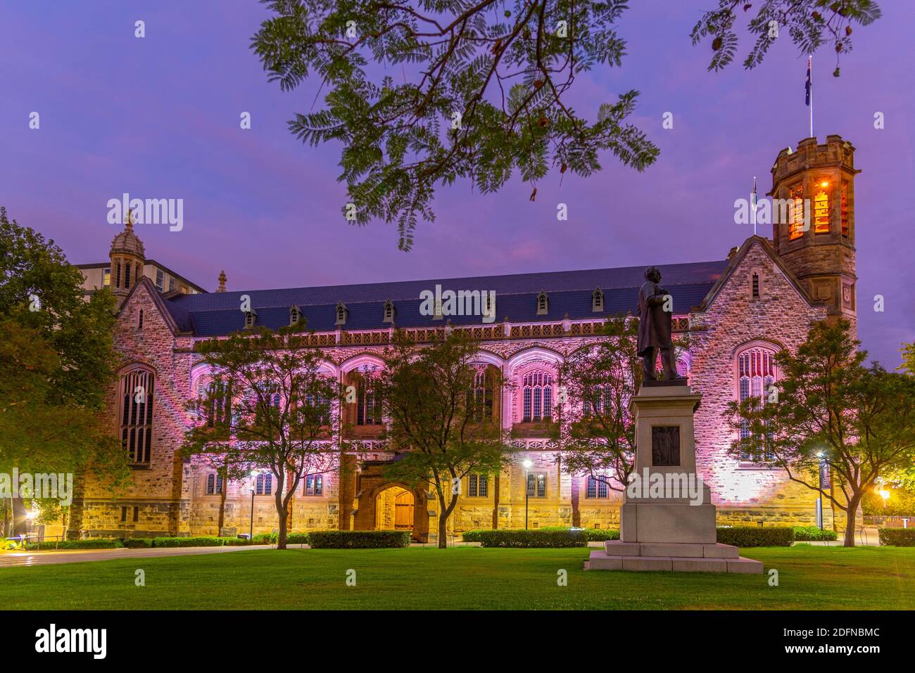 Night view of illuminated Bonython hall of University of Adelaide ...
