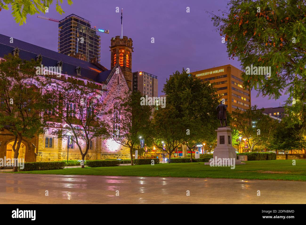 Night view of illuminated Bonython hall of University of Adelaide ...