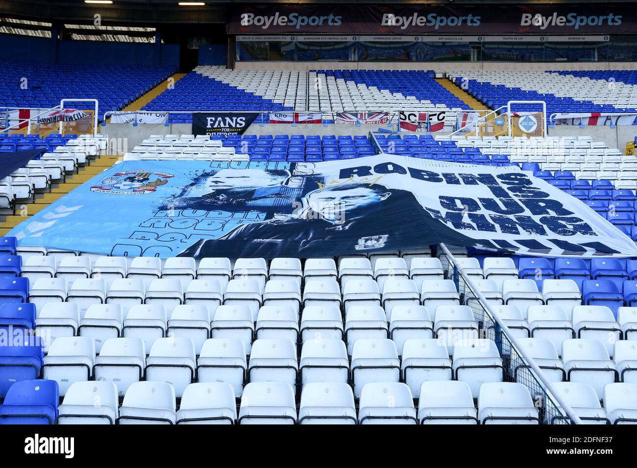 Coventry City flags in the stands at St Andrews for their game against ...