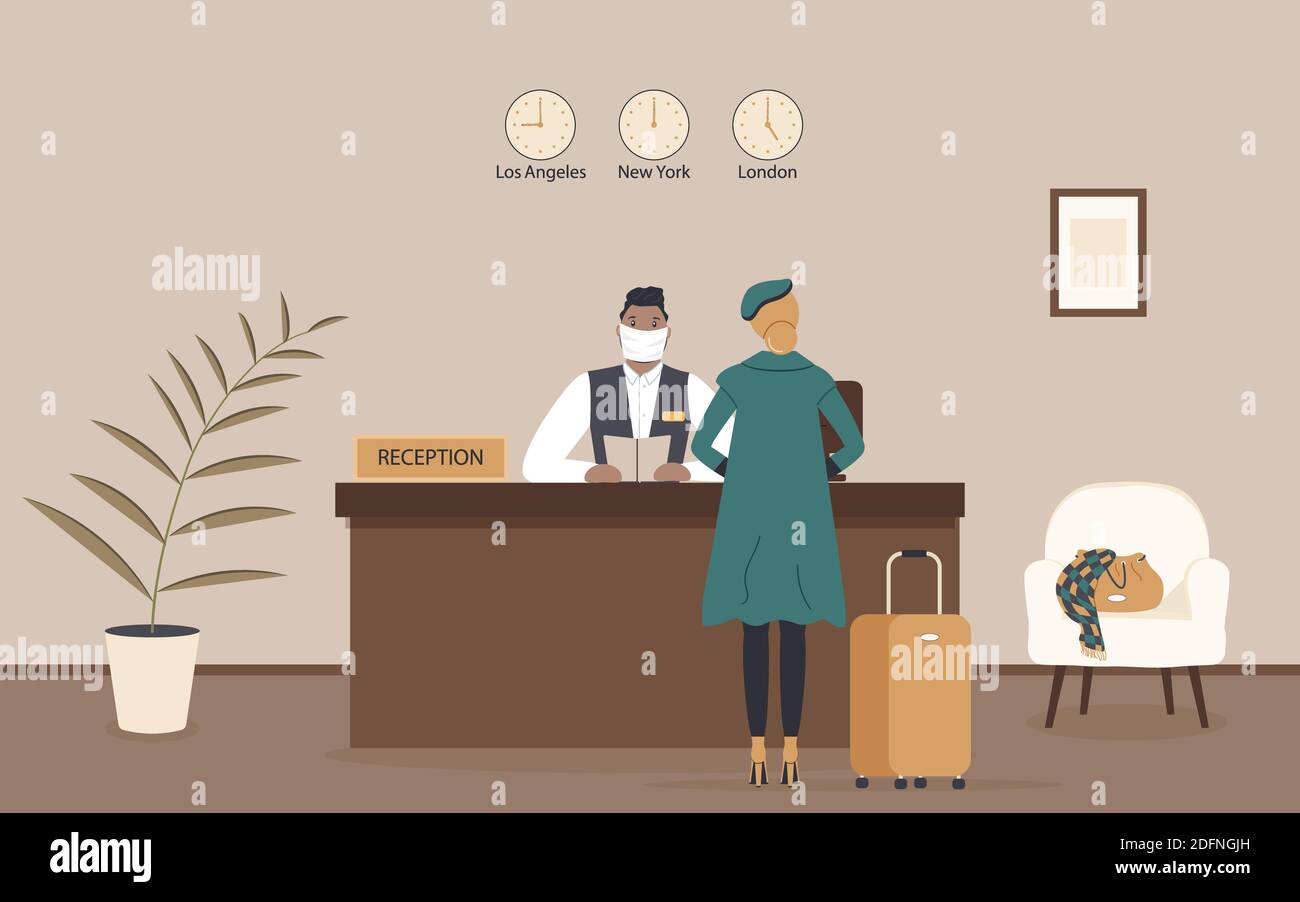 Receptionist afro male in protective medical mask behind workplace ...