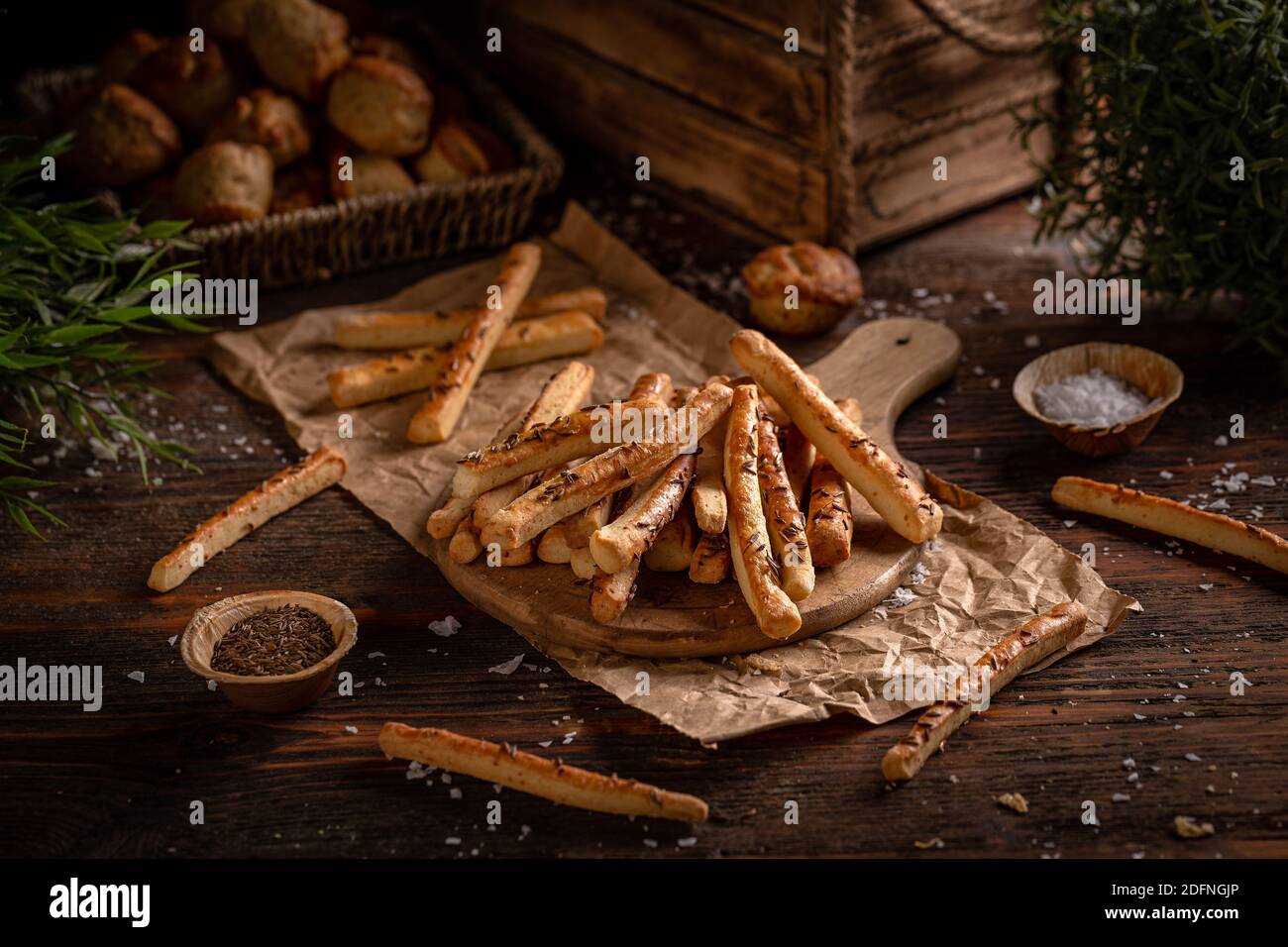 Homemade snack, baked sticks with cumin. Crispy sticks with seeds Stock ...