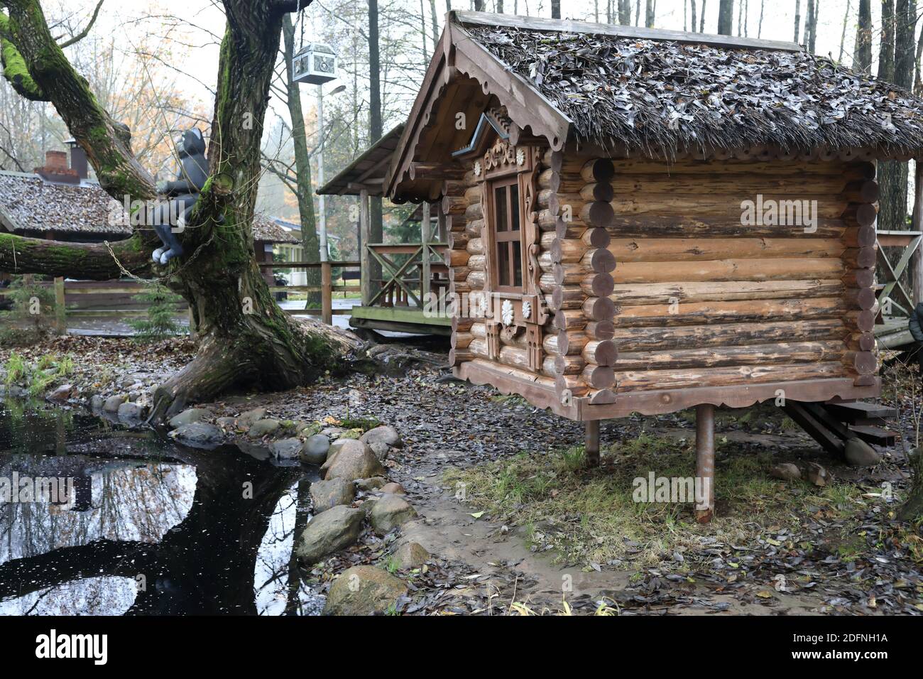 Log cabin near pond in village in autumn Stock Photo - Alamy