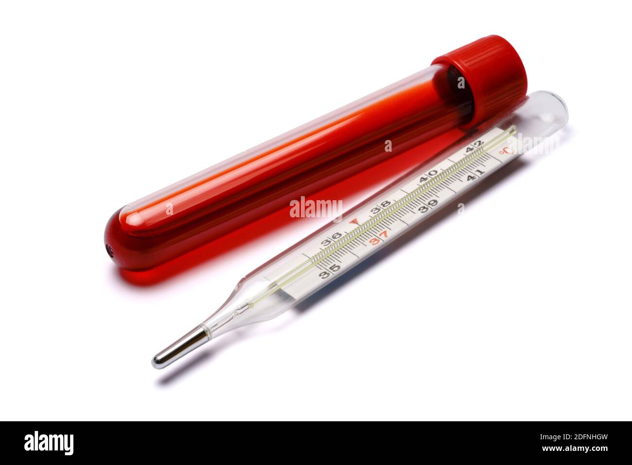Blood test tube and thermometer isolated on white background Stock ...