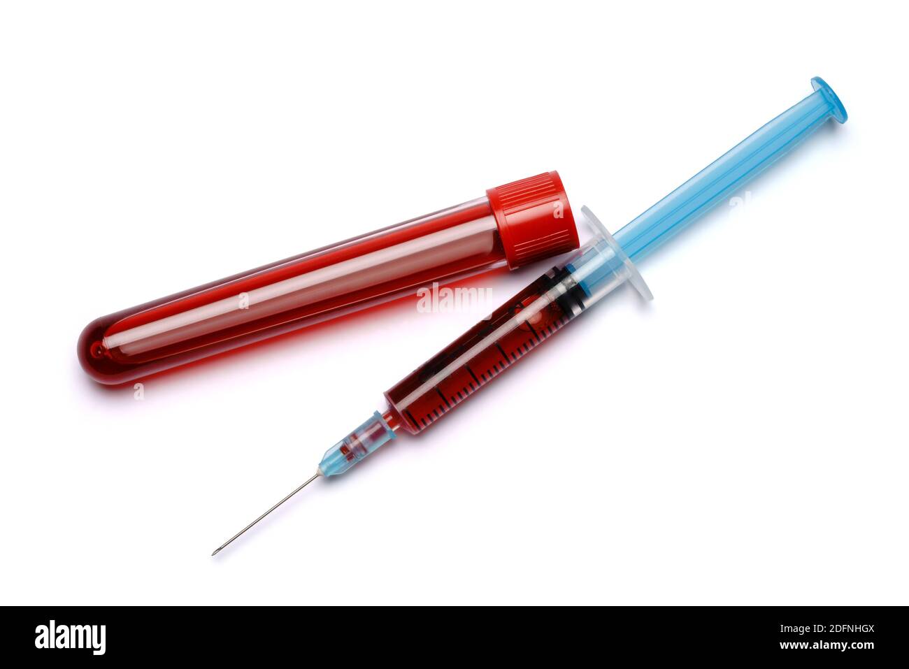 Medical syringe and plastic test tube isolated on white background ...