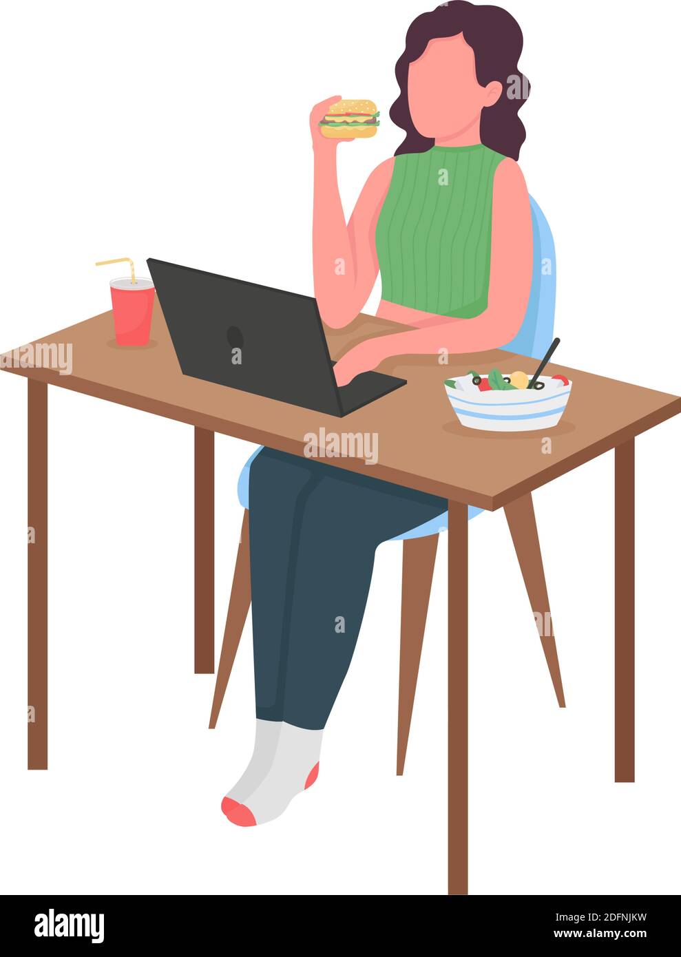 Woman eating at computer desk flat color vector faceless character ...