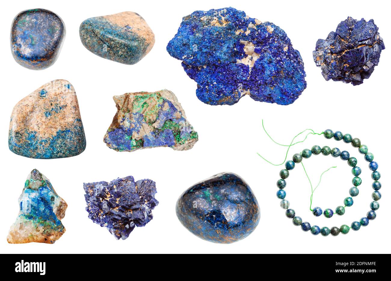 set of various azurite natural mineral gem stones and samples of rock ...
