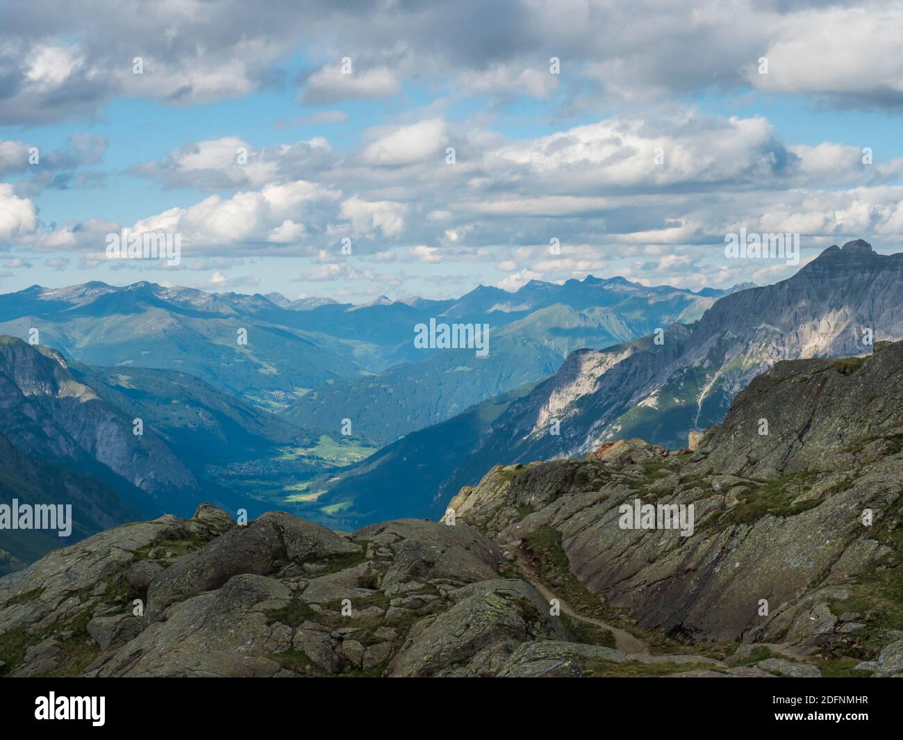 Summer view of Stubai valley from Bremer Hutte at hiking trail, Stubai ...