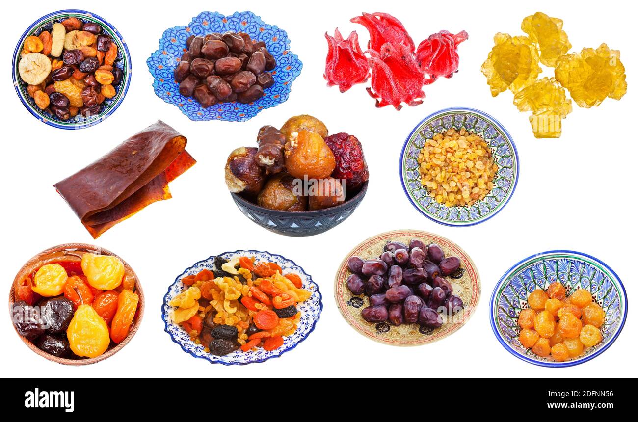 collage from various sweet dried fruits isolated on white background ...
