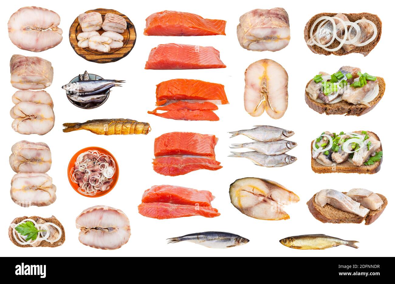 collection of various salted fishes isolated on white background Stock ...