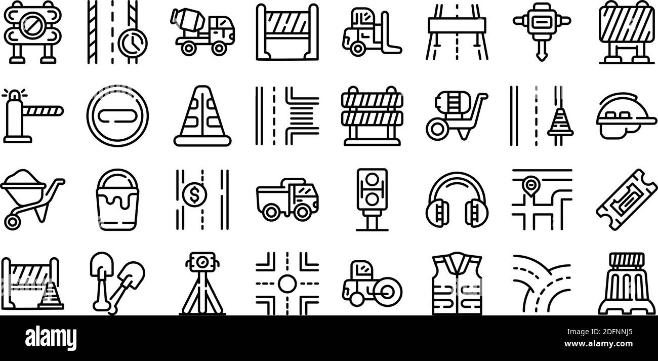 Highway construction icons set. Outline set of highway construction ...