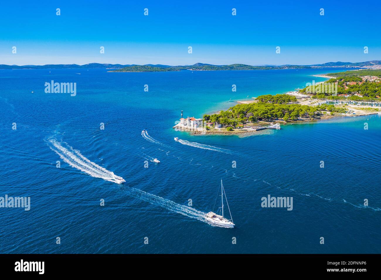Aerial view of lighthouse in town of Jadrija in Sibenik bay in Croatia ...