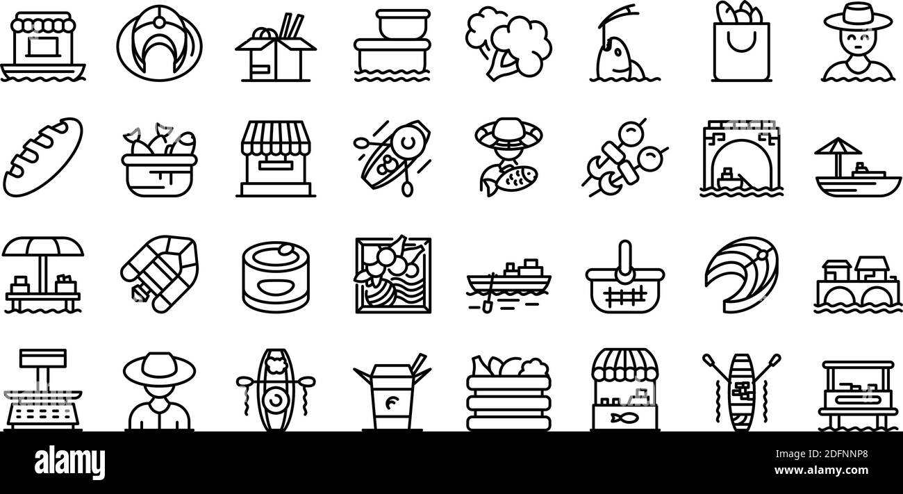 Floating market icons set. Outline set of floating market vector icons ...