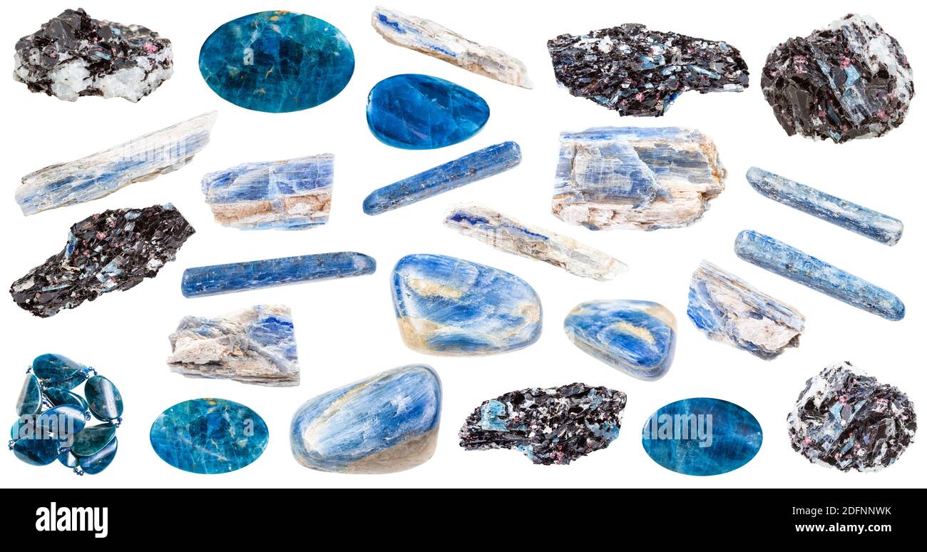 collection of various Kyanite natural mineral gem stones and samples of ...