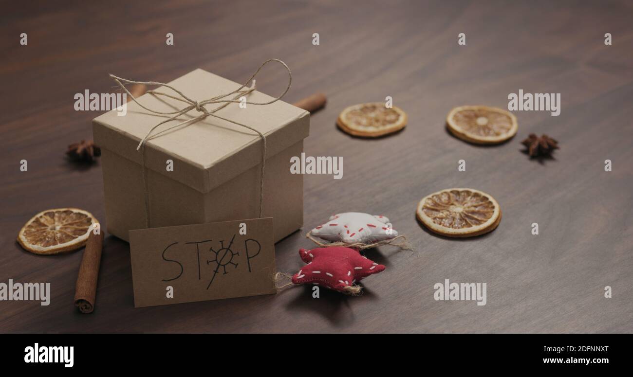 eco friendly paper gift box on walnut table with stop paper card, wide ...